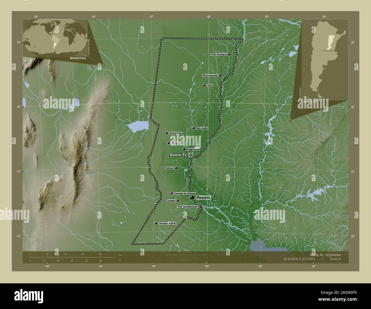 Santa Fe, province of Argentina. Elevation map colored in wiki style ...