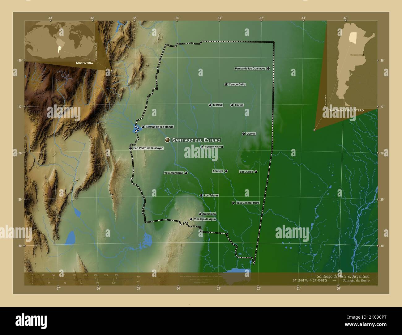 Santiago del Estero, province of Argentina. Colored elevation map with ...