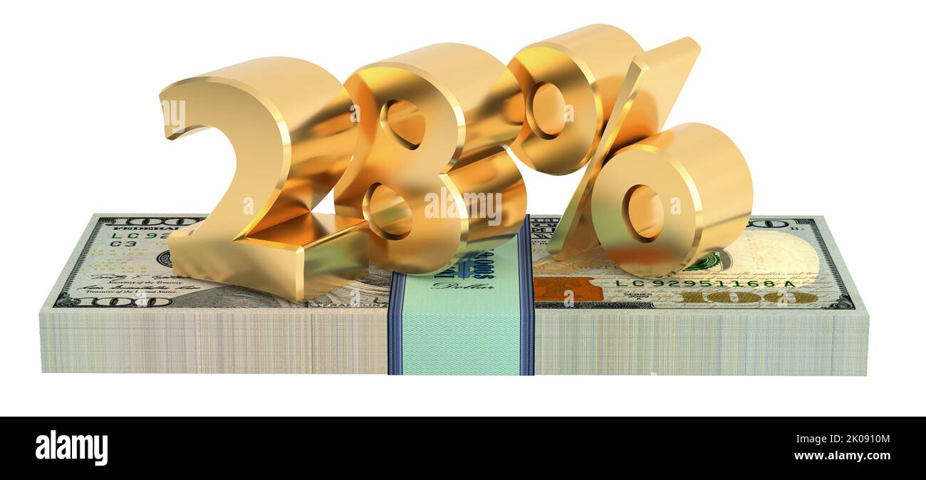The Number 28% on top of 100 Dollar bills. 3D Rendering Stock Photo - Alamy