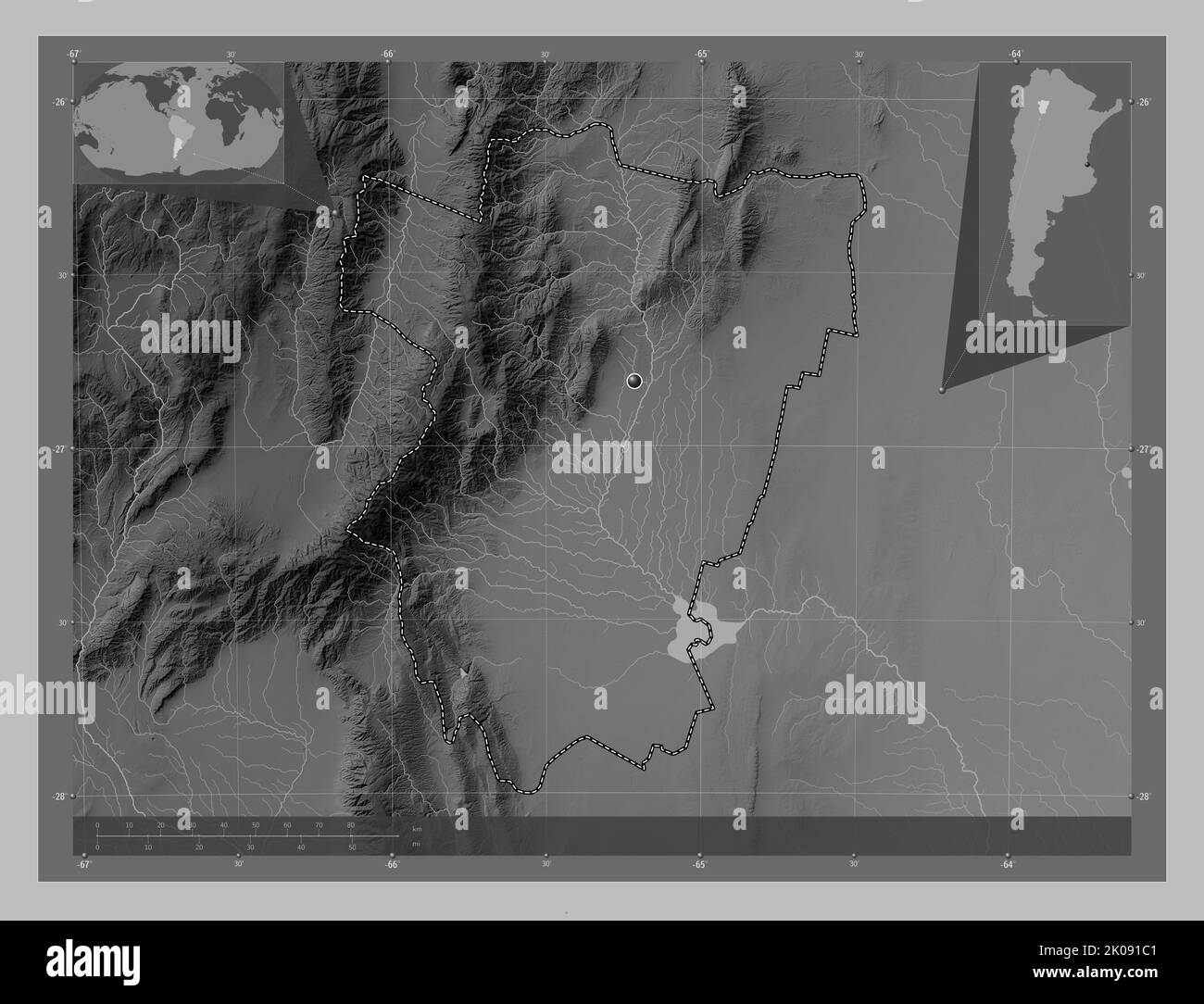 Tucuman, province of Argentina. Grayscale elevation map with lakes and ...