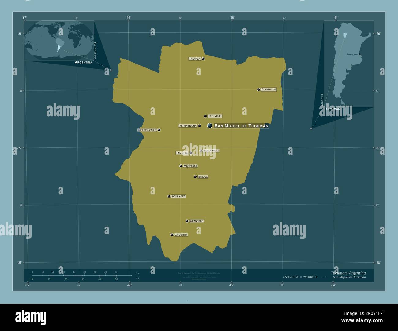 Tucuman, province of Argentina. Solid color shape. Locations and names ...