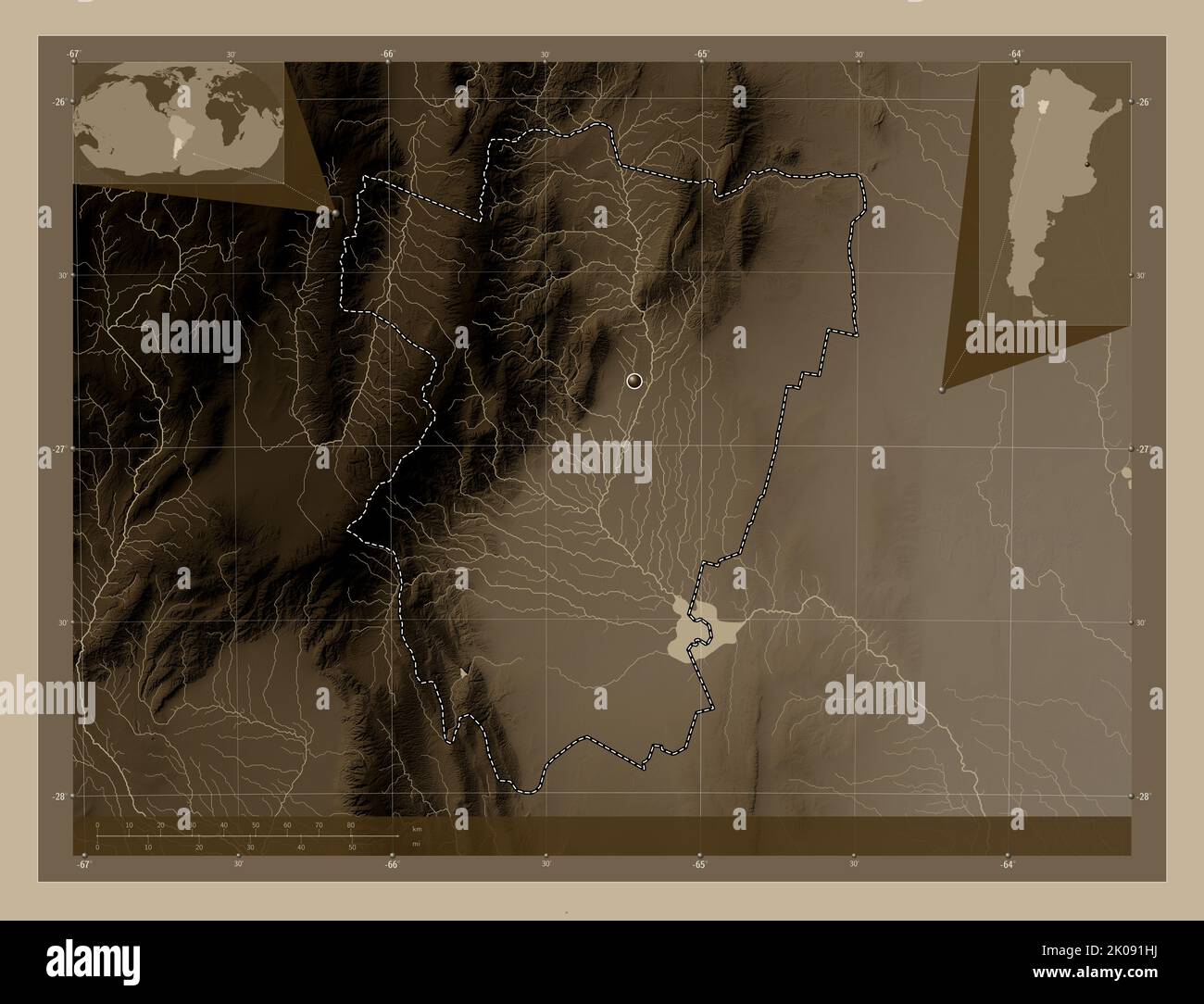 Tucuman, province of Argentina. Elevation map colored in sepia tones ...