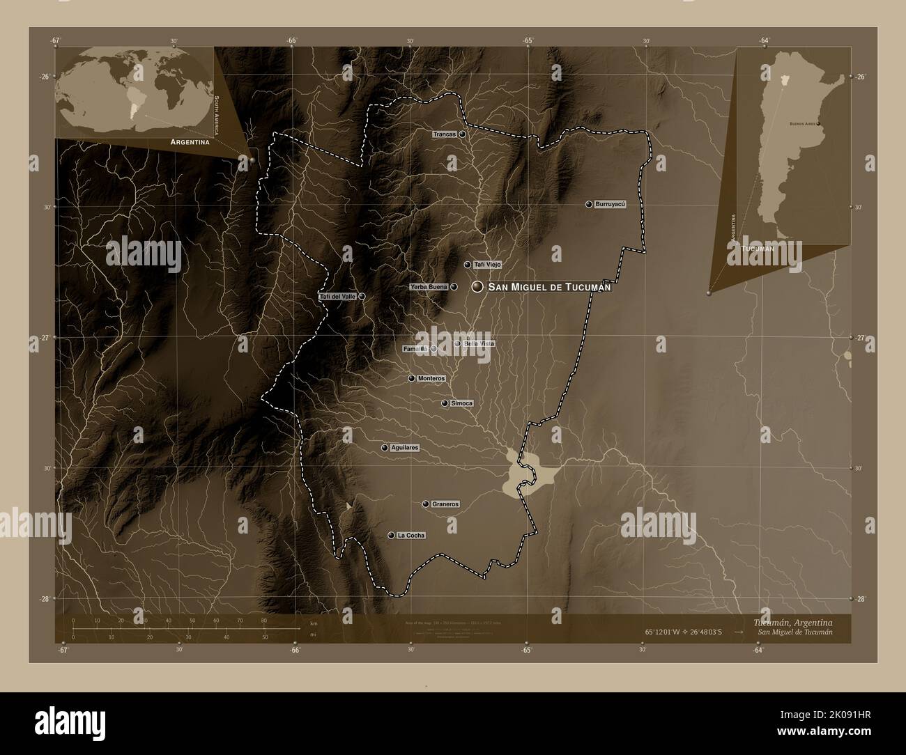 Tucuman, province of Argentina. Elevation map colored in sepia tones ...