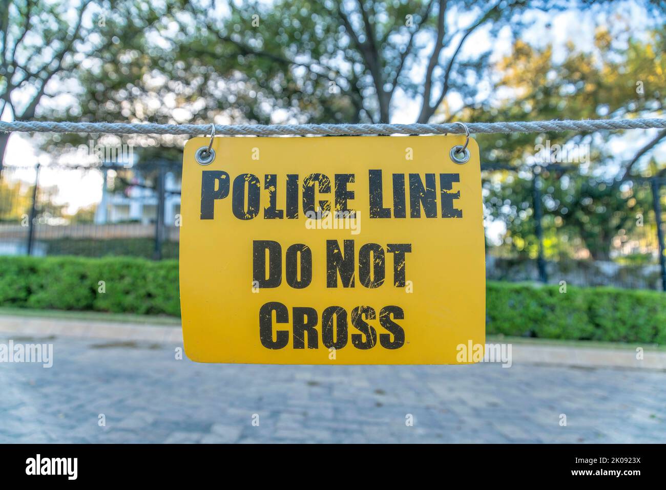Weathered Police Line Do Not Cross yellow sign board seen in Austin ...