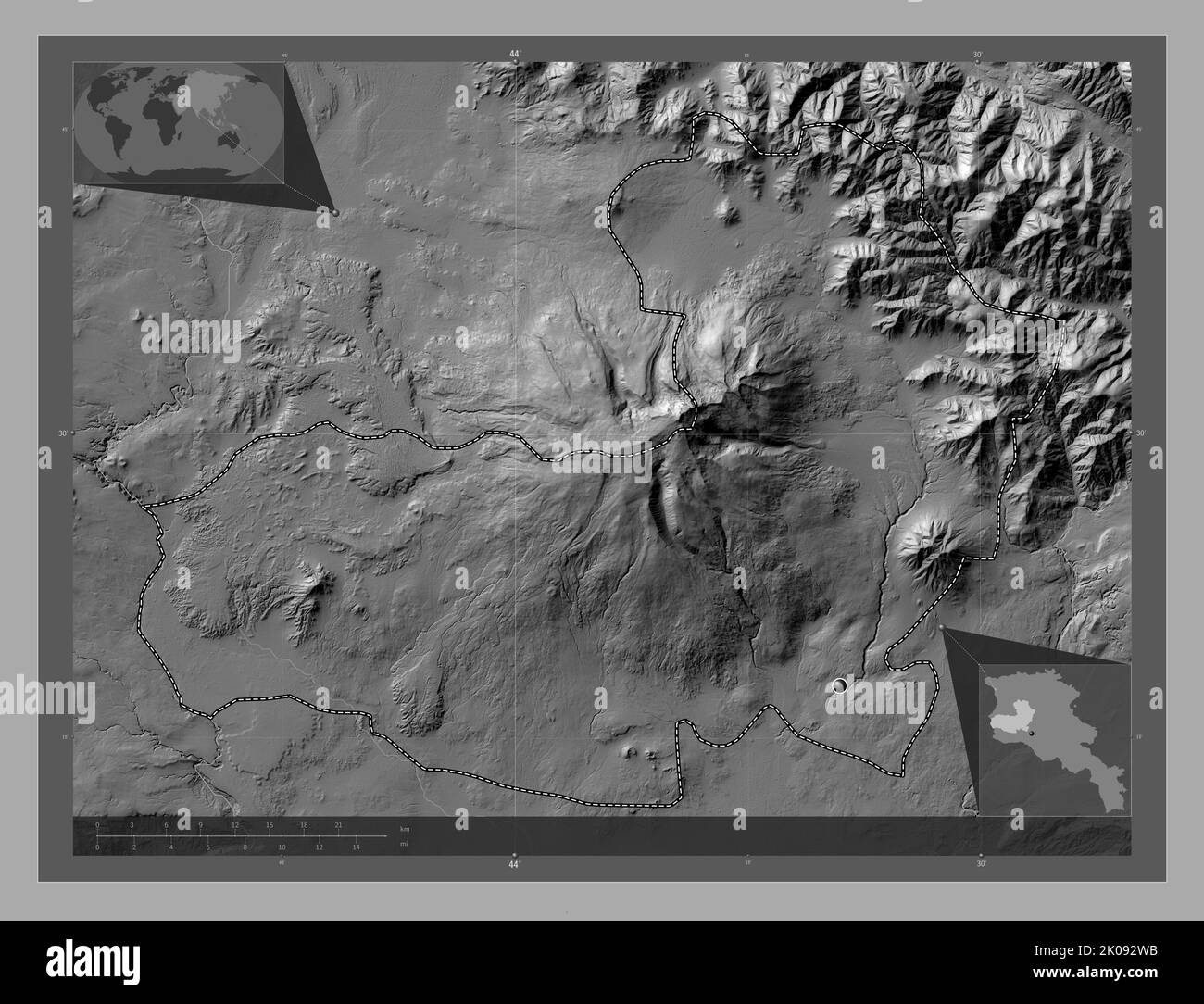 Aragatsotn, province of Armenia. Bilevel elevation map with lakes and ...
