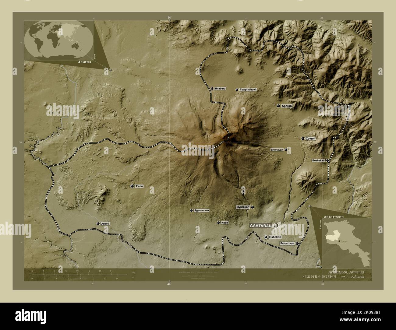 Aragatsotn, province of Armenia. Elevation map colored in wiki style with lakes and rivers ...