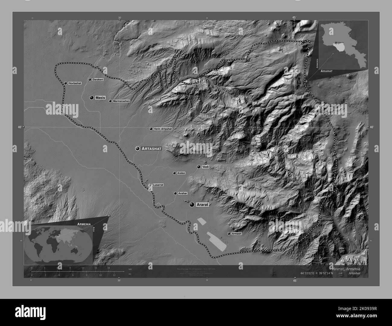 Ararat, province of Armenia. Bilevel elevation map with lakes and ...