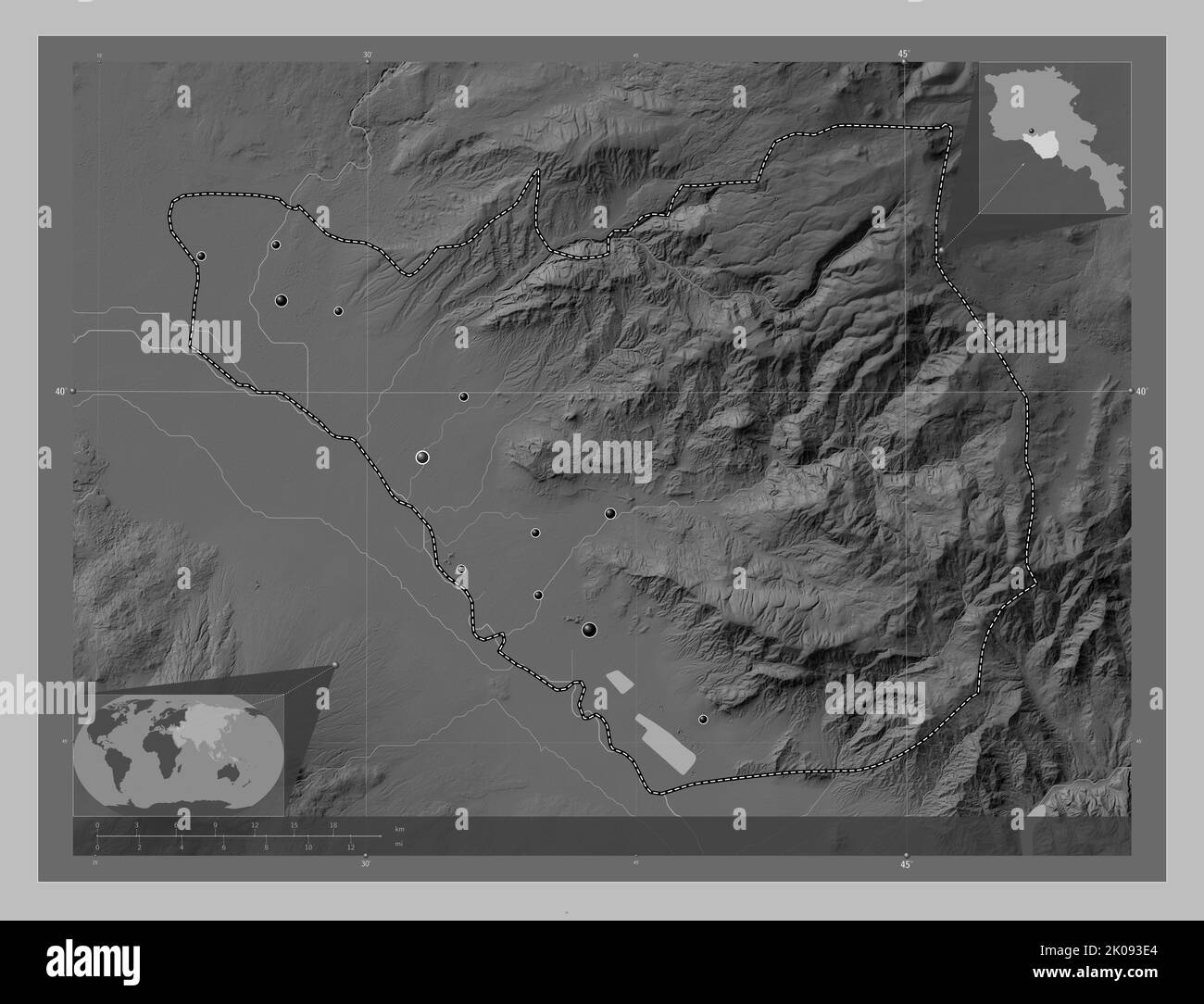 Ararat, province of Armenia. Grayscale elevation map with lakes and ...