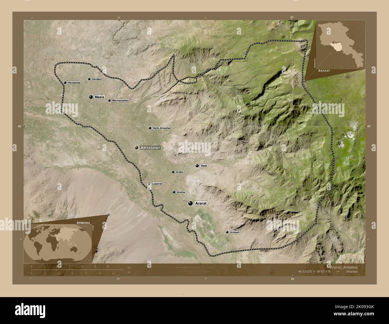 Ararat, province of Armenia. Low resolution satellite map. Locations ...