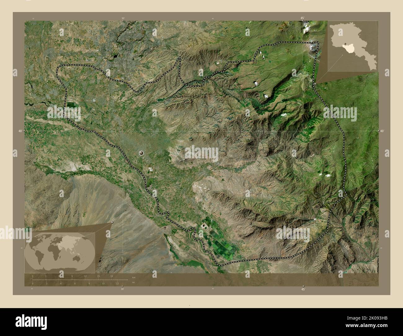 Ararat, province of Armenia. High resolution satellite map. Corner ...