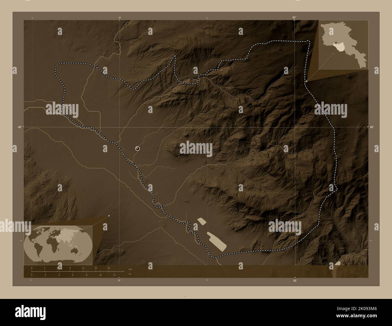 Ararat, province of Armenia. Elevation map colored in sepia tones with ...