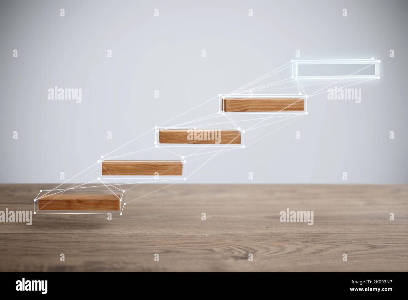 Wooden staircase in mid air leading to lit up top step, ladder of ...