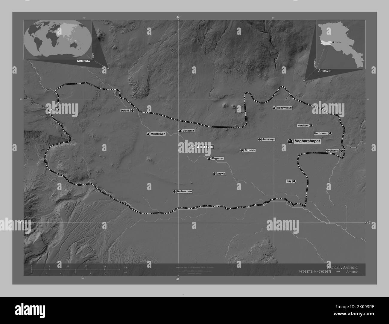Armavir, province of Armenia. Grayscale elevation map with lakes and ...