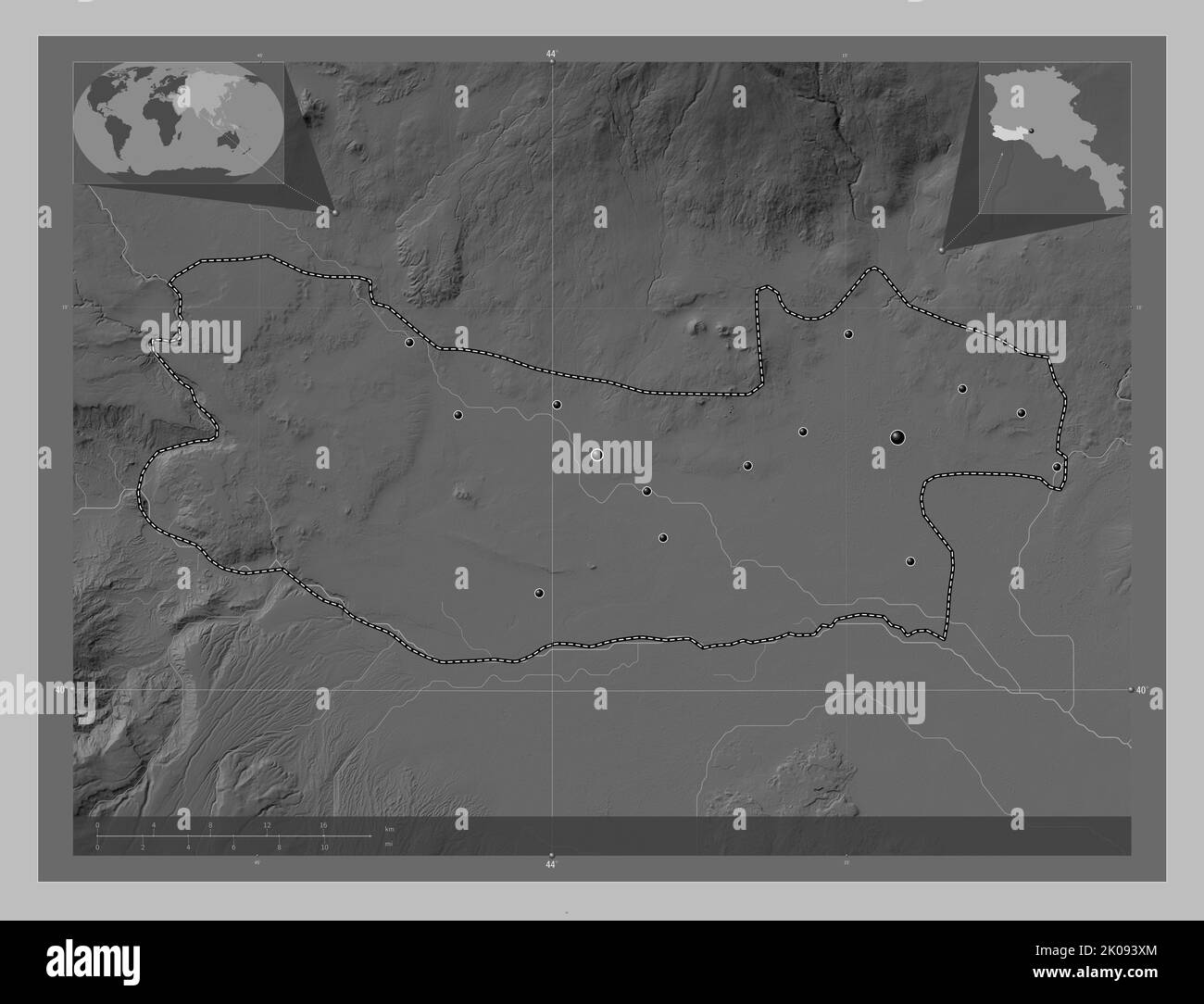 Armavir, province of Armenia. Grayscale elevation map with lakes and ...