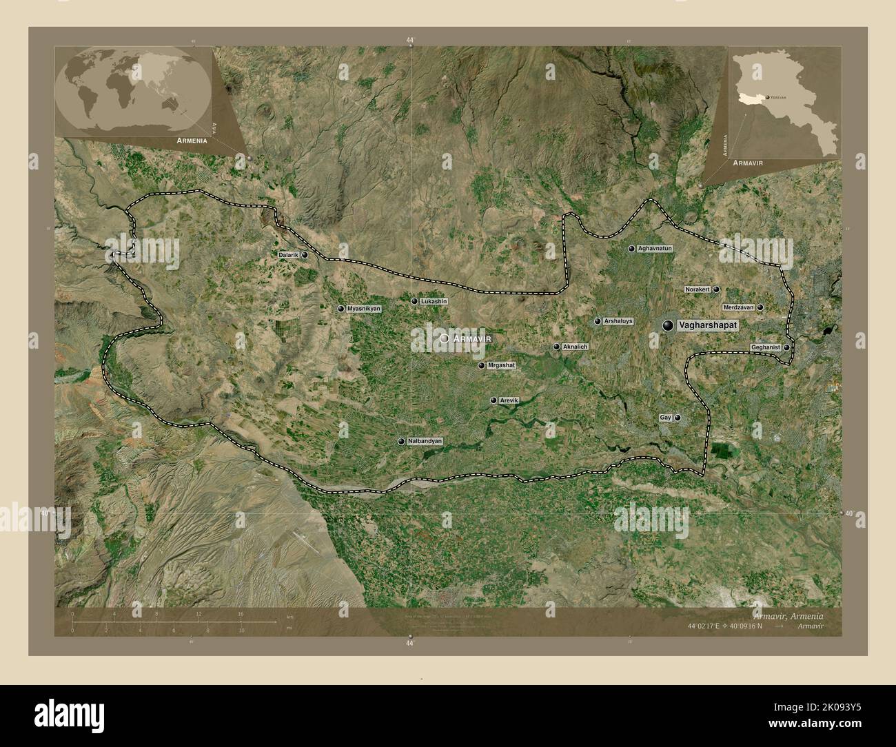 Armavir, province of Armenia. High resolution satellite map. Locations ...