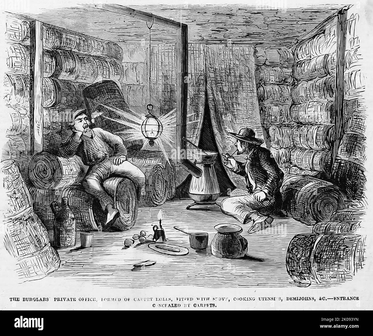 The burglars' private office, formed of carpet rolls, fitted with stove ...