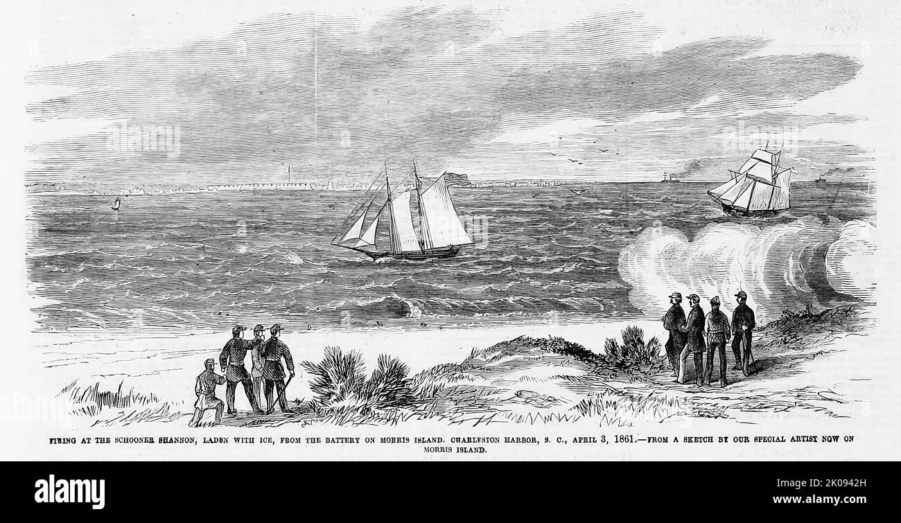 Firing at the schooner R. H. Shannon, laden with ice, from the battery ...