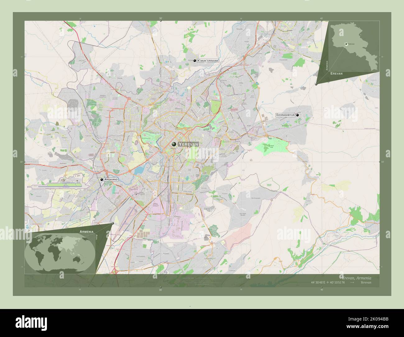 Erevan, city of Armenia. Open Street Map. Locations and names of major ...