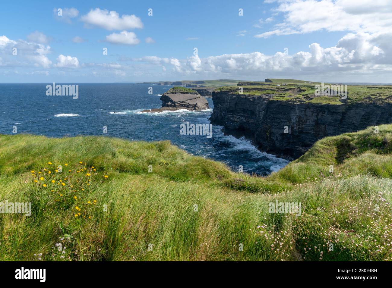 A landscape view of the rugged coast and cliffs at the Cliffs of Kilkee ...