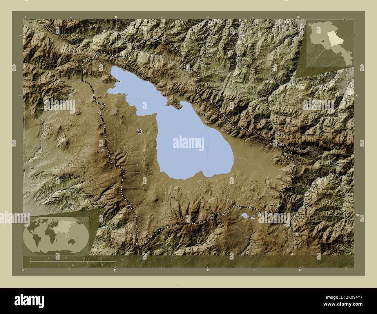 Gegharkunik, province of Armenia. Elevation map colored in wiki style with lakes and rivers ...