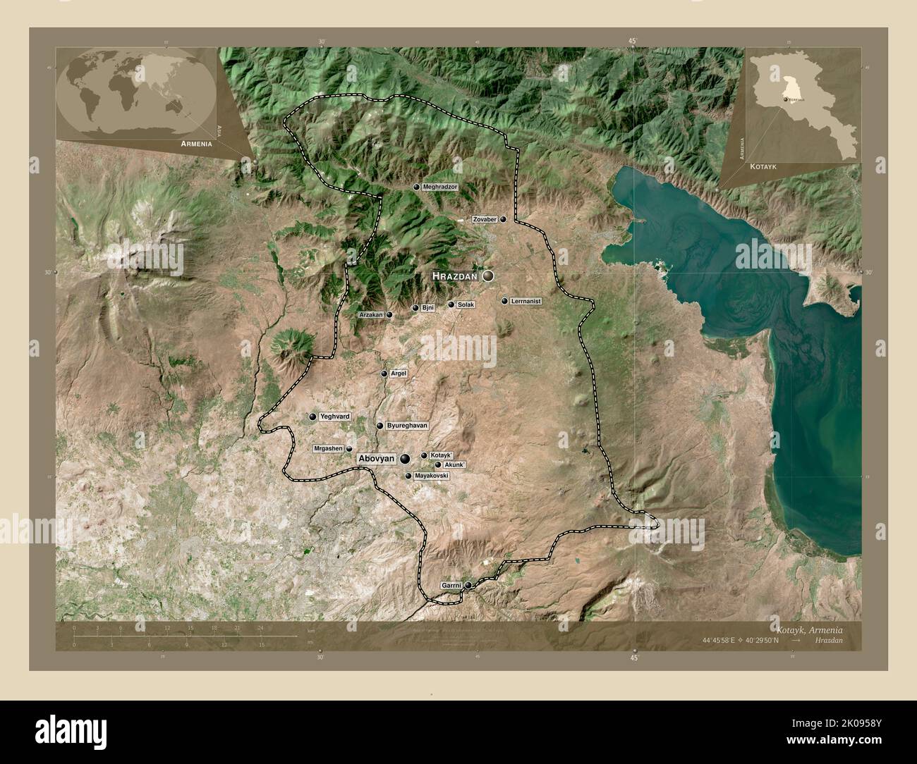 Kotayk, province of Armenia. High resolution satellite map. Locations ...
