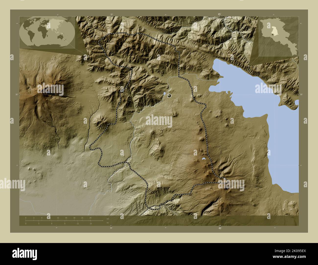 Kotayk, province of Armenia. Elevation map colored in wiki style with lakes and rivers. Corner ...