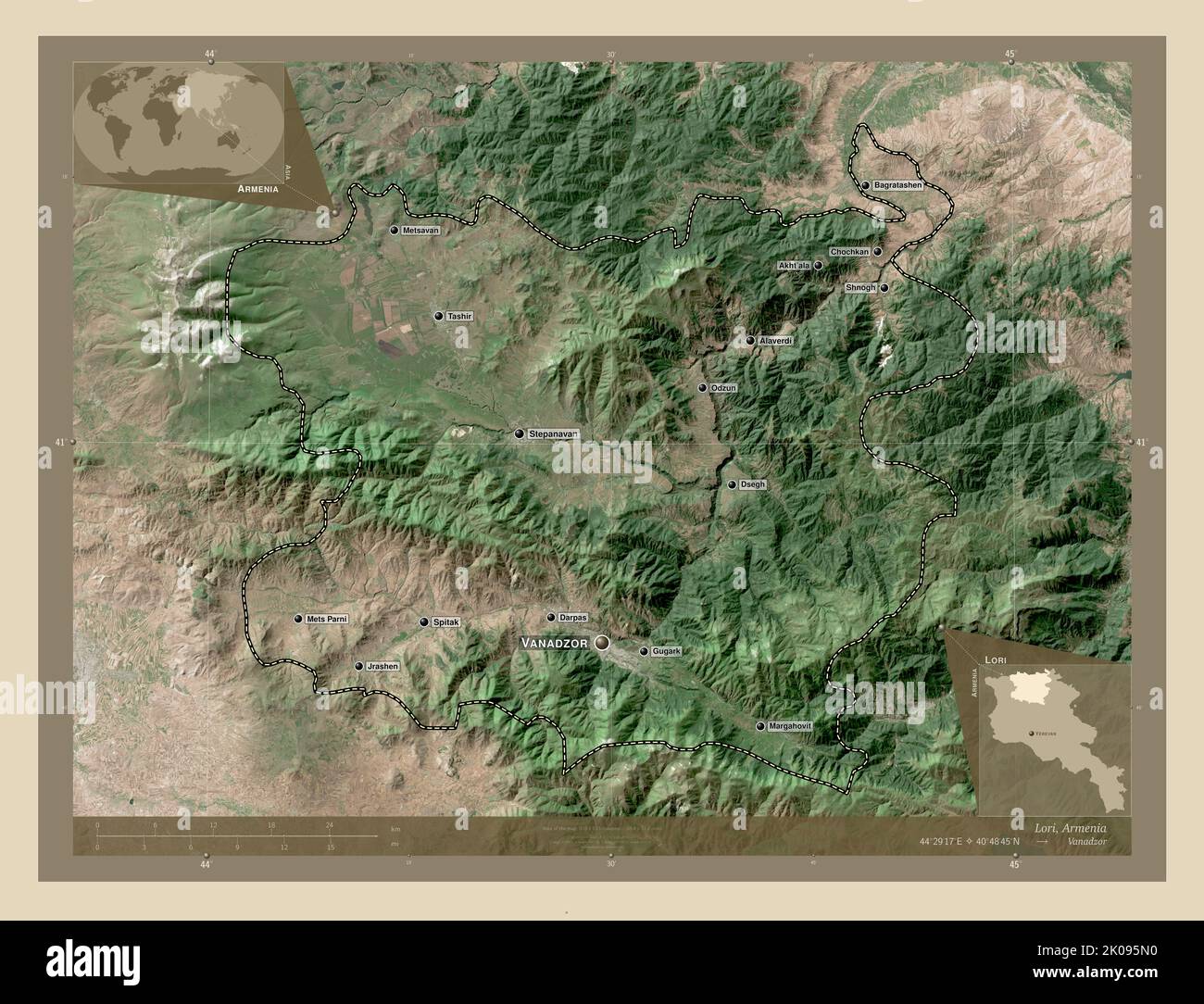 Lori, province of Armenia. High resolution satellite map. Locations and ...