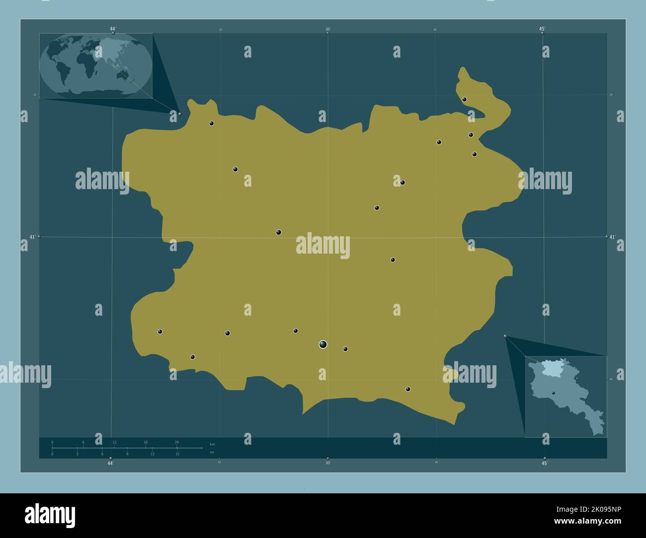 Lori, province of Armenia. Solid color shape. Locations of major cities ...