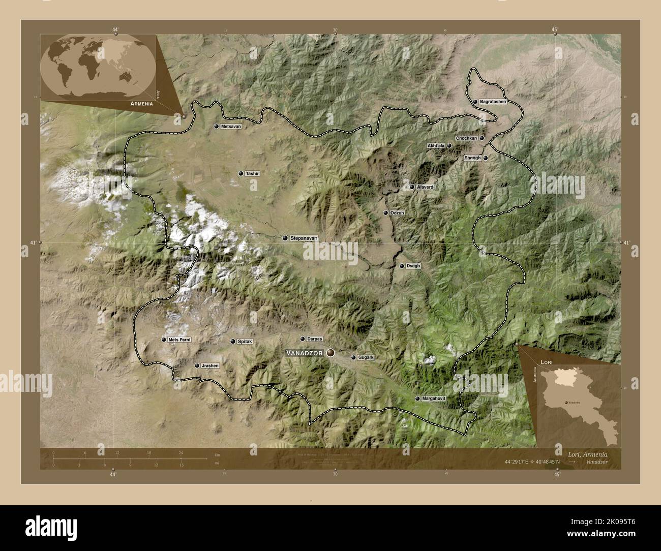 Lori, province of Armenia. Low resolution satellite map. Locations and ...