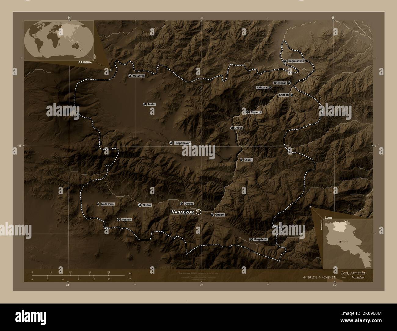 Lori, province of Armenia. Elevation map colored in sepia tones with ...