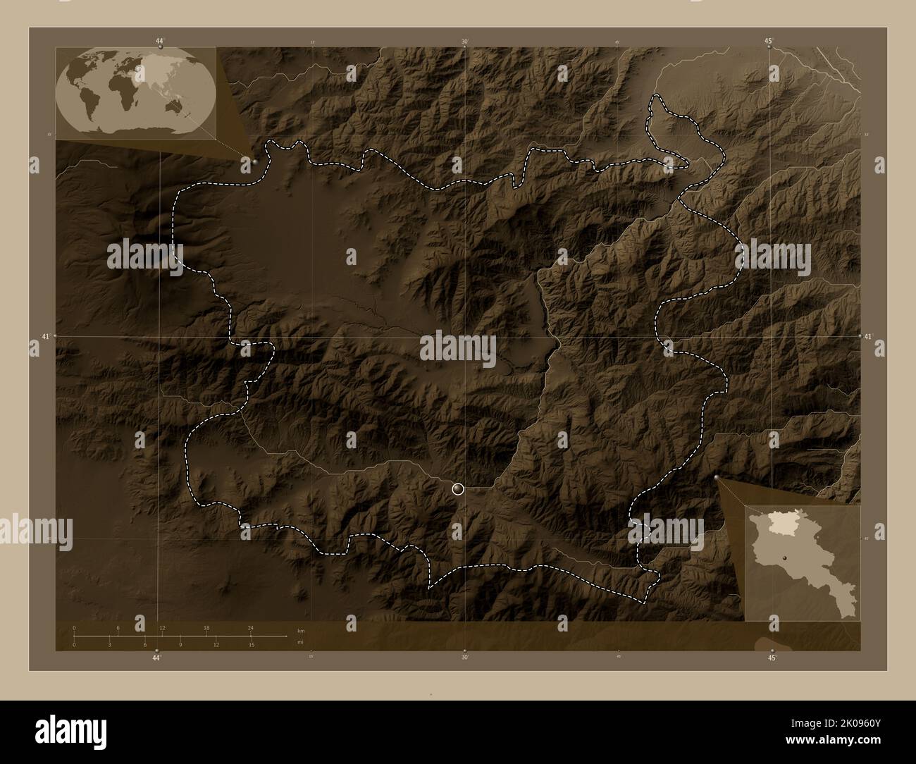 Lori, province of Armenia. Elevation map colored in sepia tones with ...