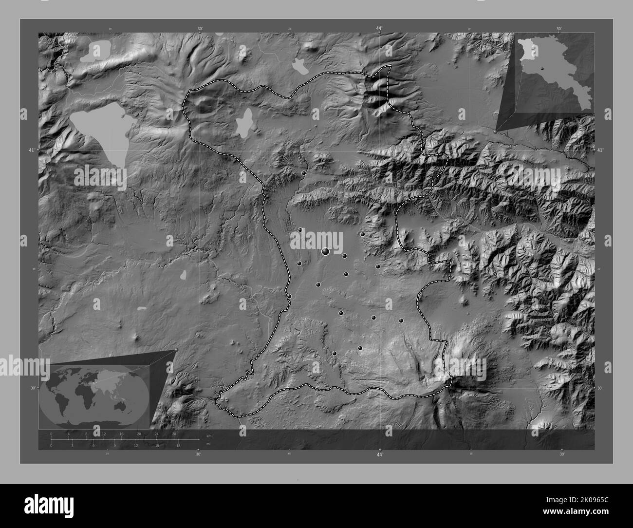 Shirak, province of Armenia. Bilevel elevation map with lakes and ...