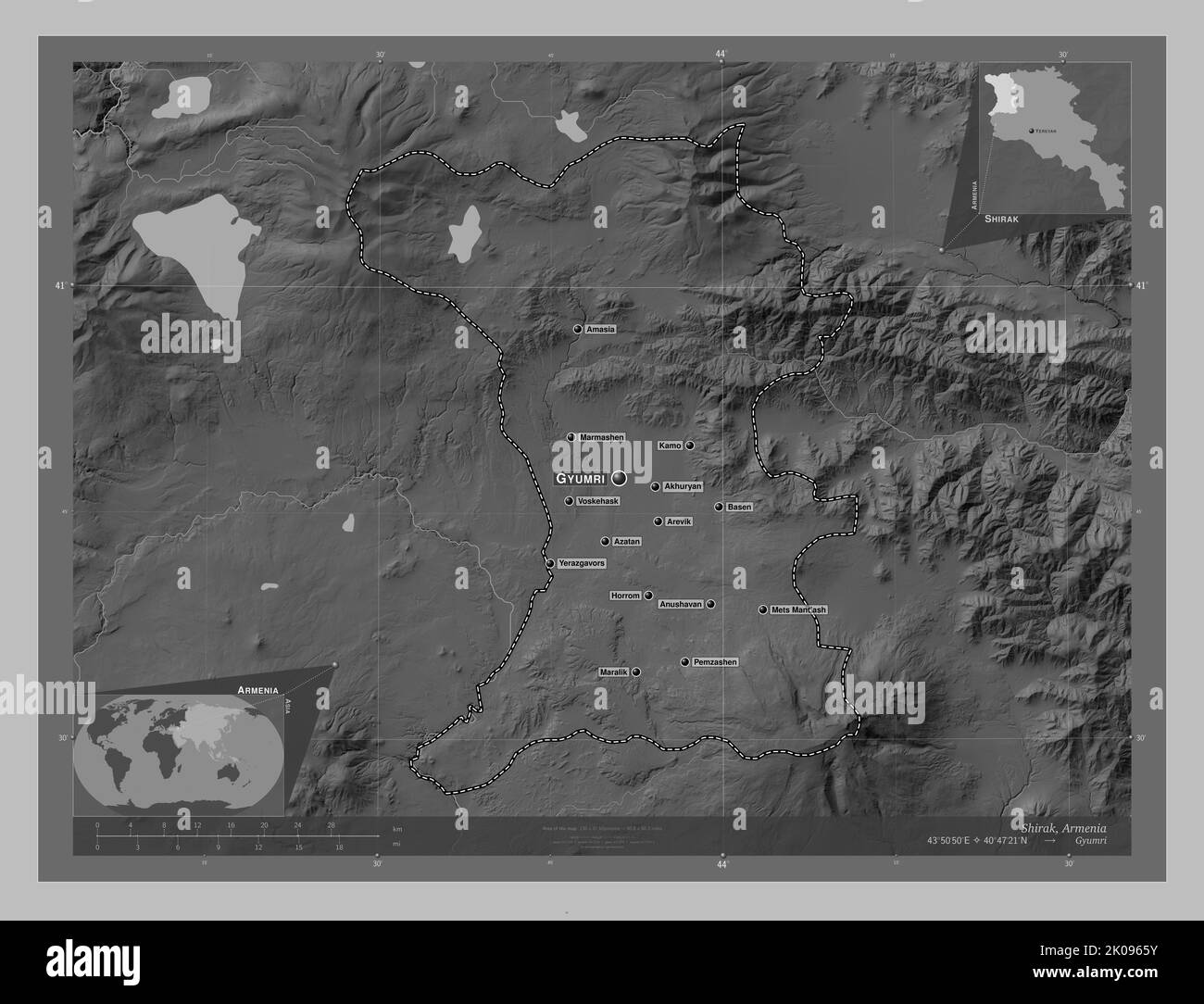 Shirak, province of Armenia. Grayscale elevation map with lakes and ...