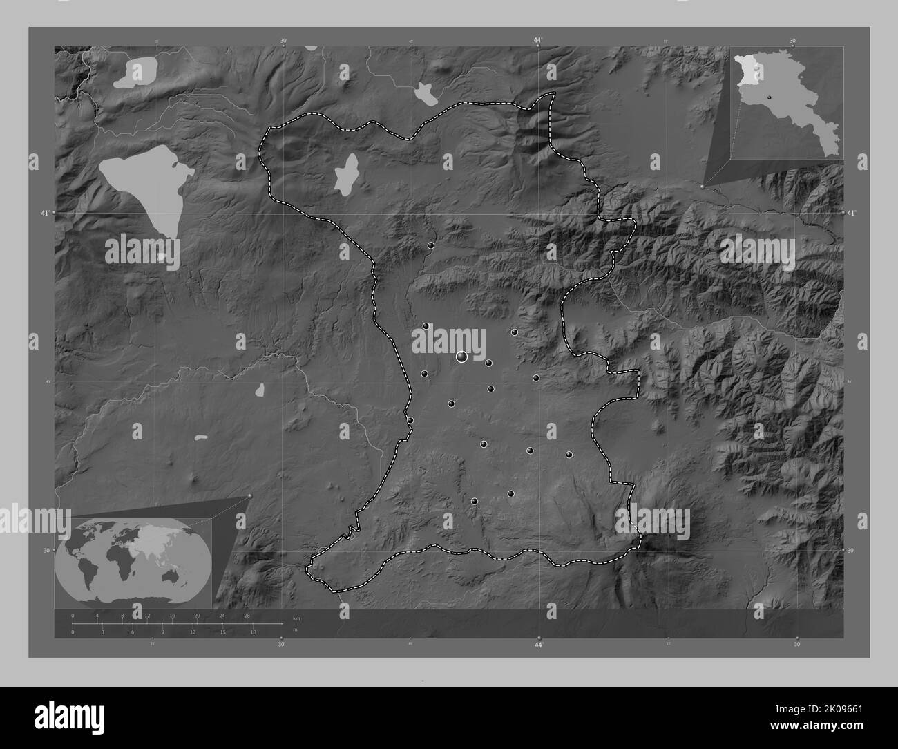 Shirak, province of Armenia. Grayscale elevation map with lakes and ...