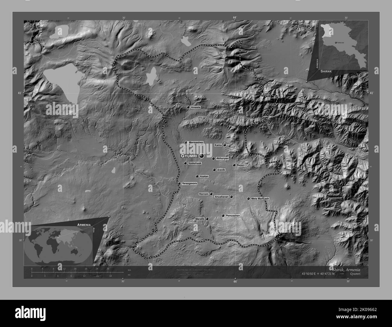 Shirak, province of Armenia. Bilevel elevation map with lakes and ...