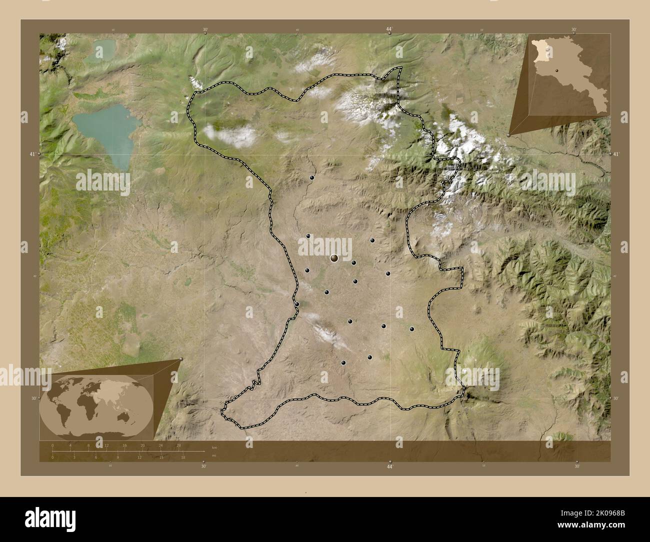 Shirak, province of Armenia. Low resolution satellite map. Locations of ...