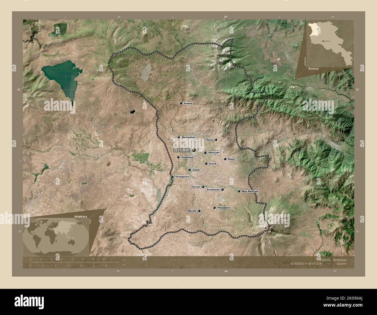 Shirak, province of Armenia. High resolution satellite map. Locations ...