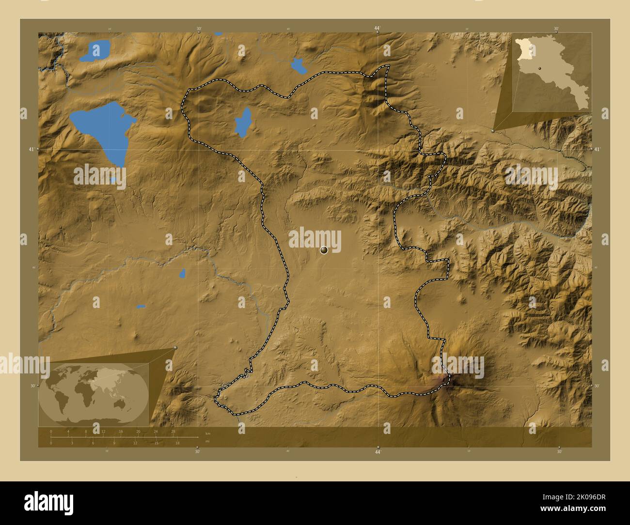 Shirak, province of Armenia. Colored elevation map with lakes and ...