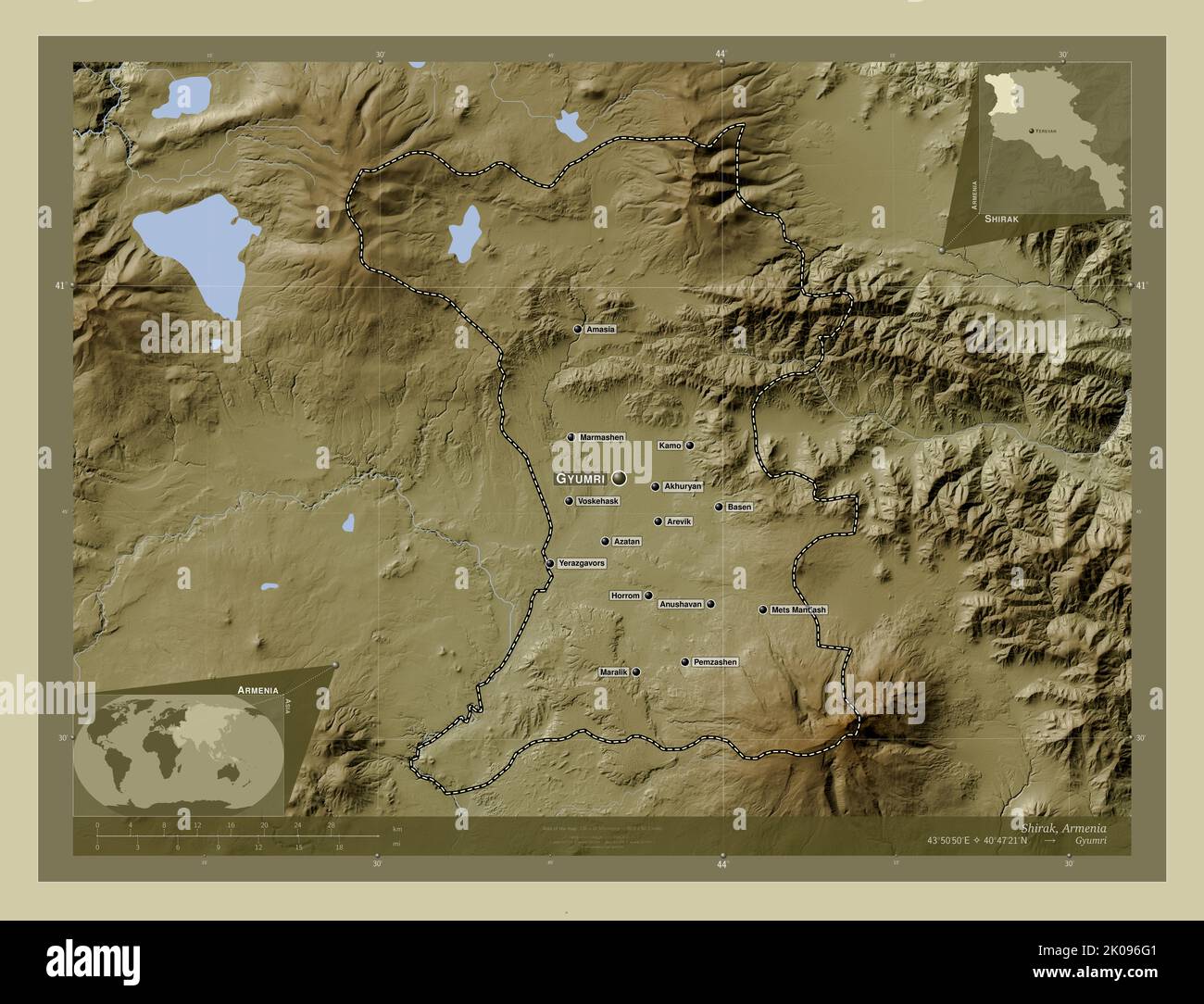 Shirak, province of Armenia. Elevation map colored in wiki style with ...