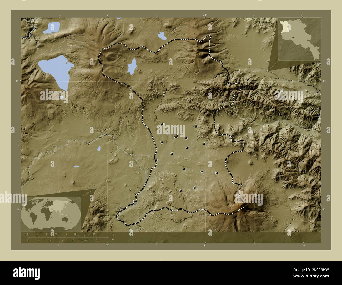 Shirak, province of Armenia. Elevation map colored in wiki style with lakes and rivers ...