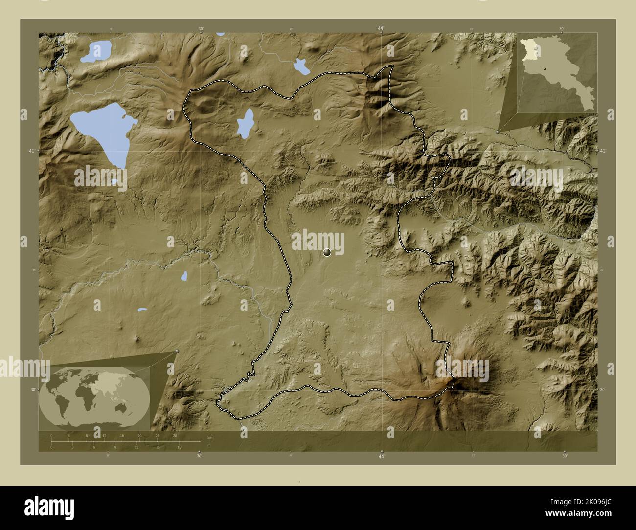 Shirak, province of Armenia. Elevation map colored in wiki style with lakes and rivers. Corner ...