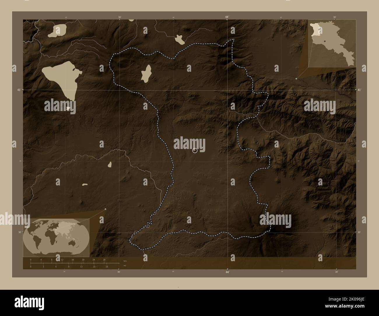 Shirak, province of Armenia. Elevation map colored in sepia tones with ...
