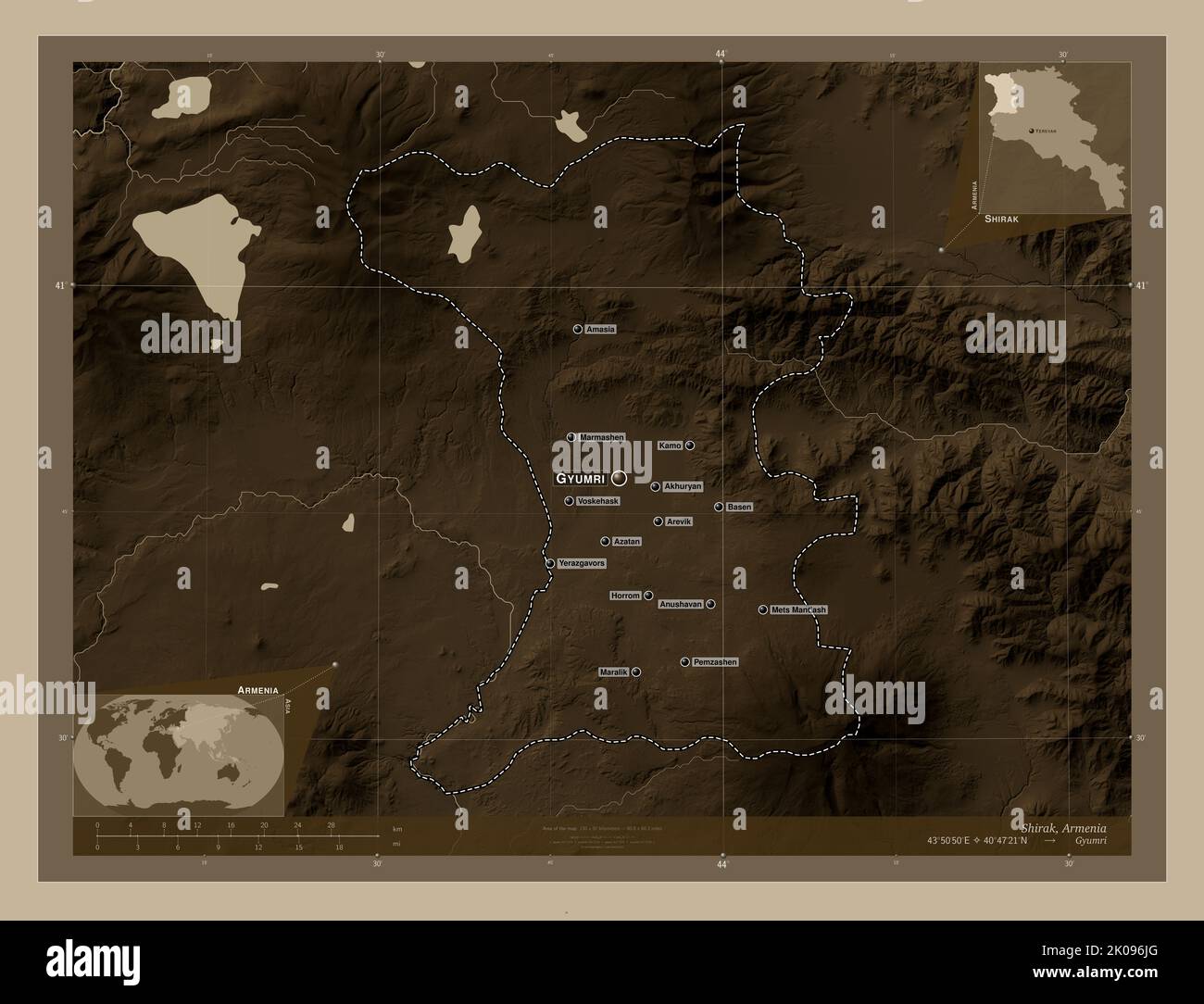 Shirak, province of Armenia. Elevation map colored in sepia tones with ...