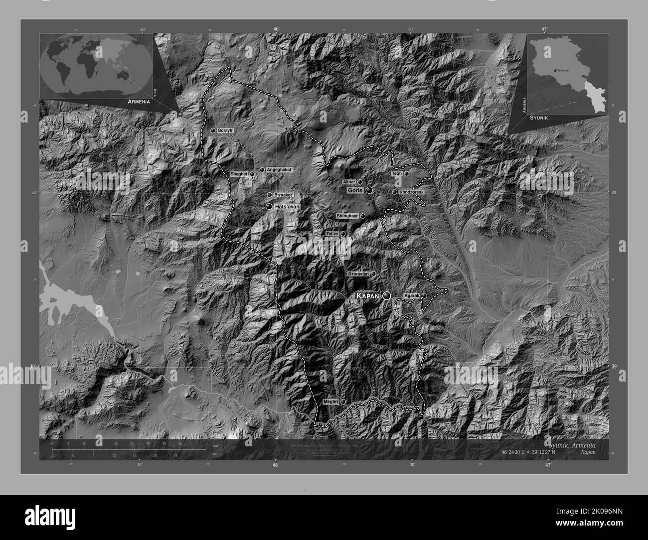 Syunik, province of Armenia. Bilevel elevation map with lakes and ...