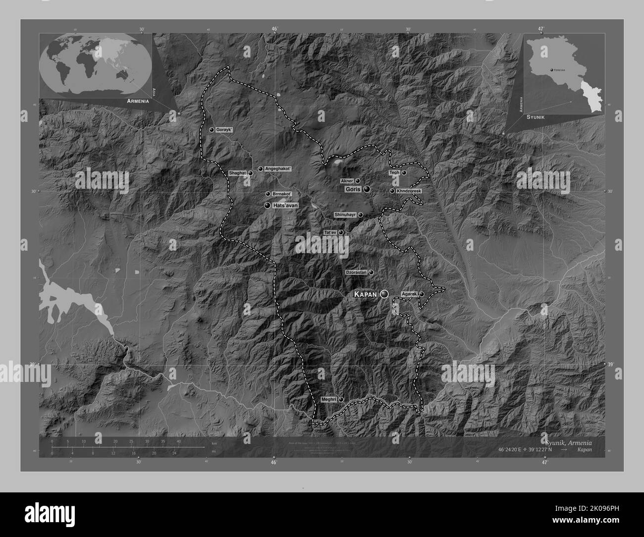Syunik, province of Armenia. Grayscale elevation map with lakes and ...