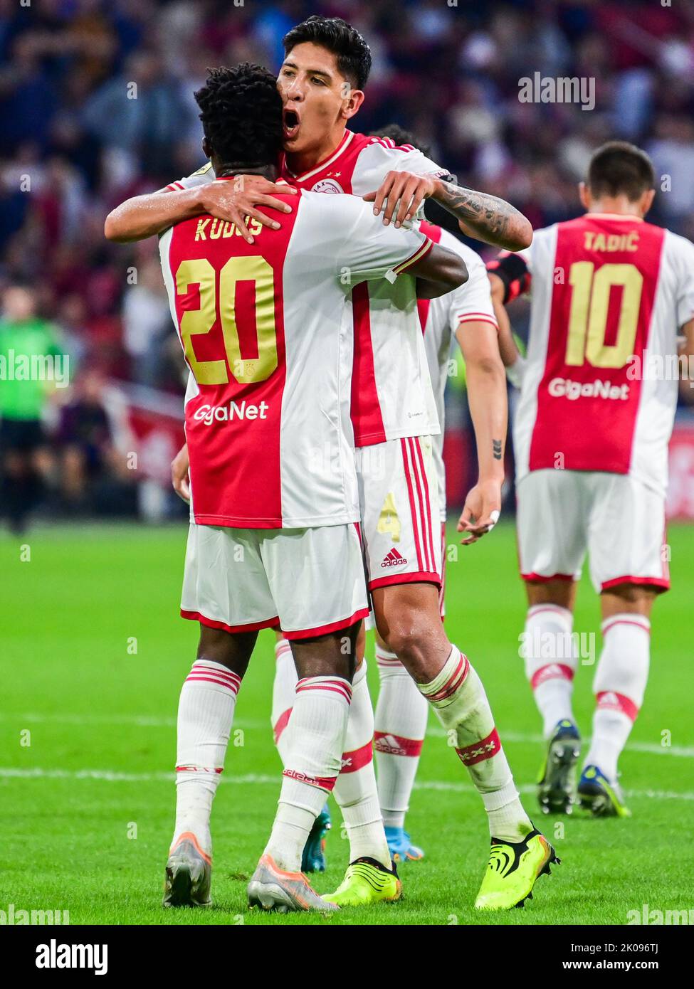 AMSTERDAM - Mohammed Kudus of Ajax and Edson Alvarez of Ajax celebrate the 4-0 during the Dutch ...