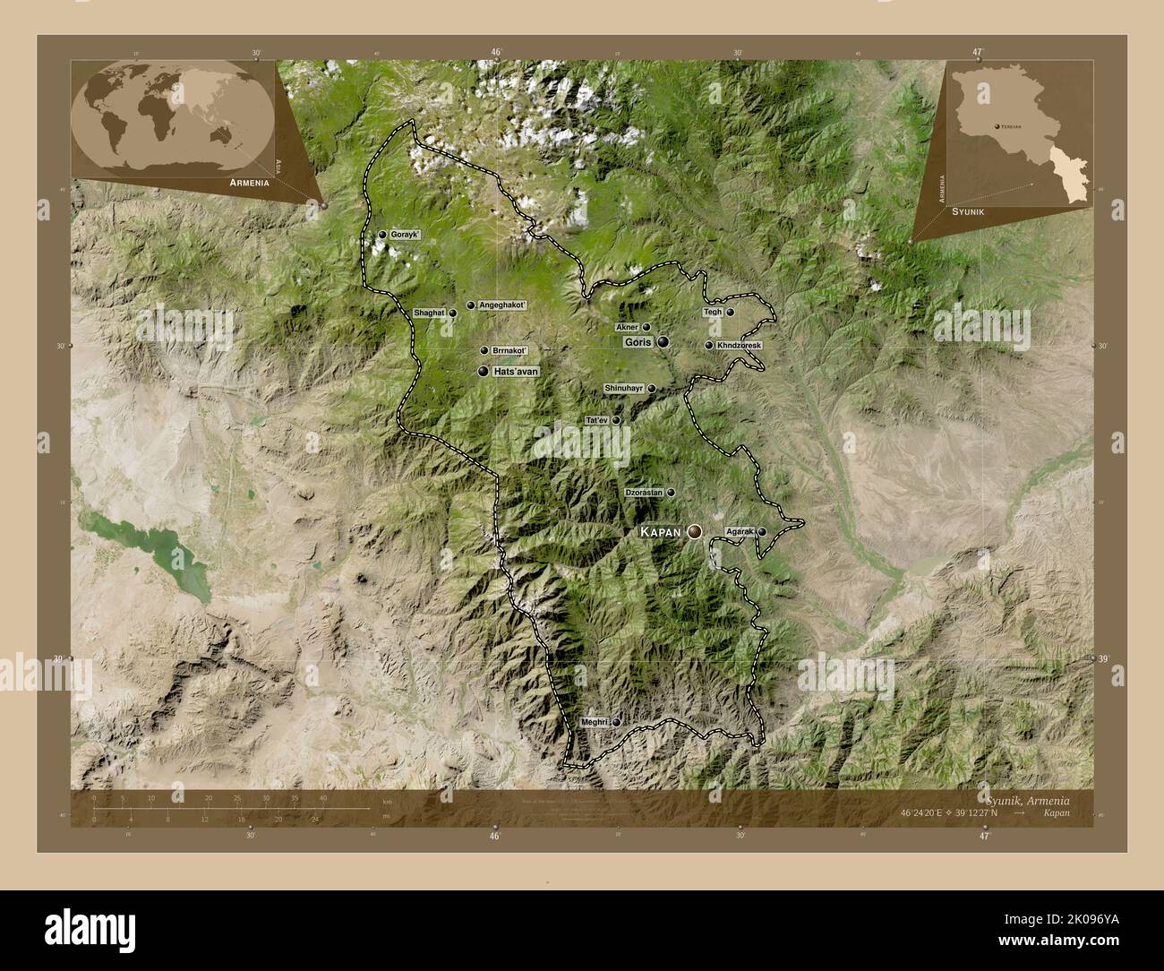Syunik, province of Armenia. Low resolution satellite map. Locations ...