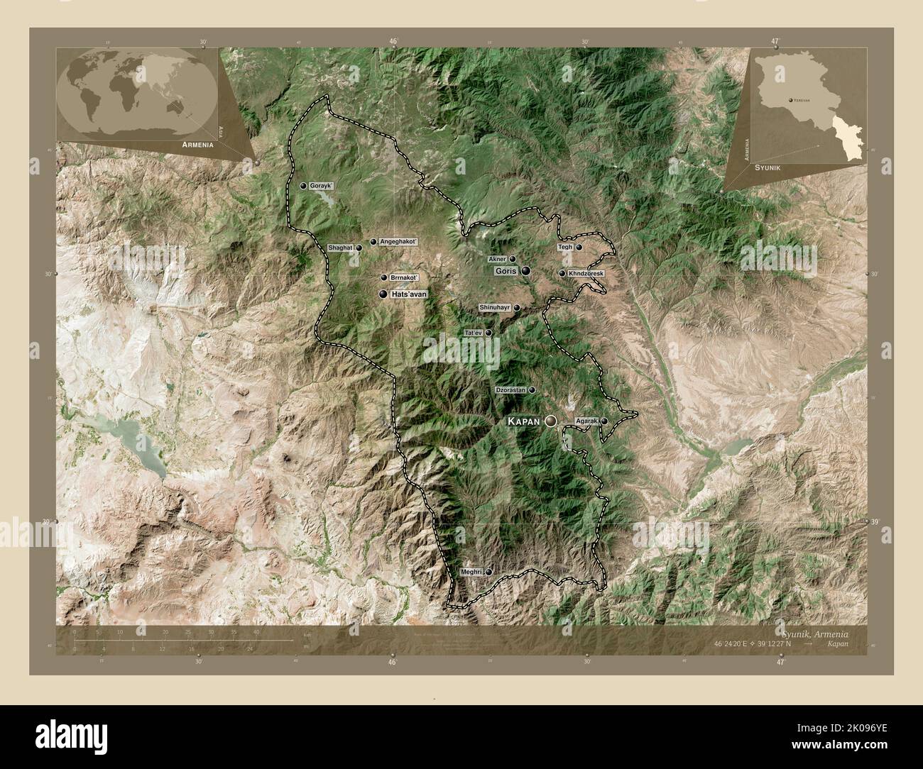 Syunik, province of Armenia. High resolution satellite map. Locations ...
