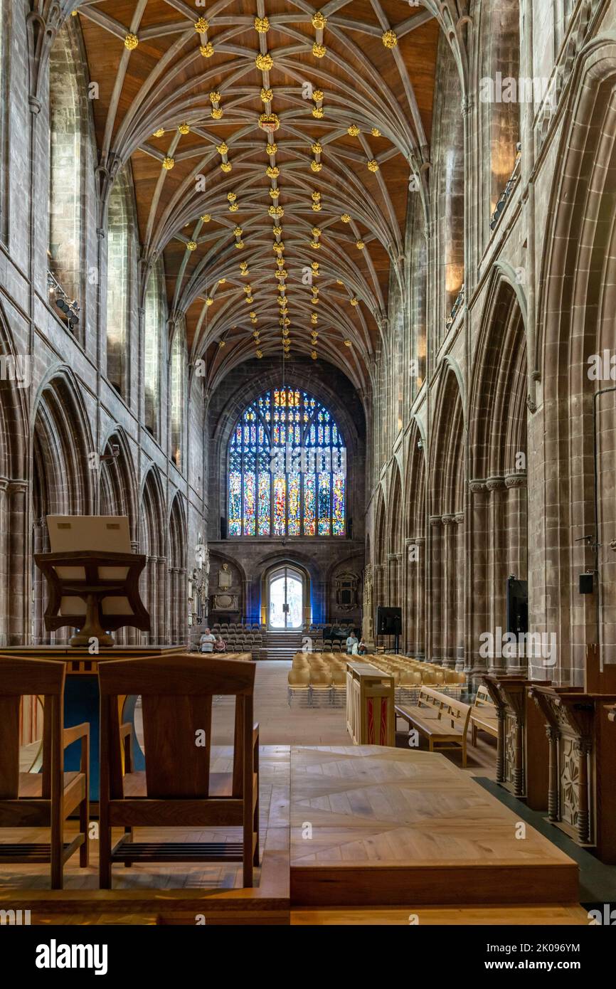 Chester, United Kingdom - 26 August, 2022: view of the altar and central nave of the historic ...