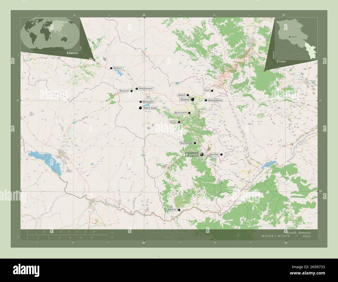Syunik, province of Armenia. Open Street Map. Locations and names of ...